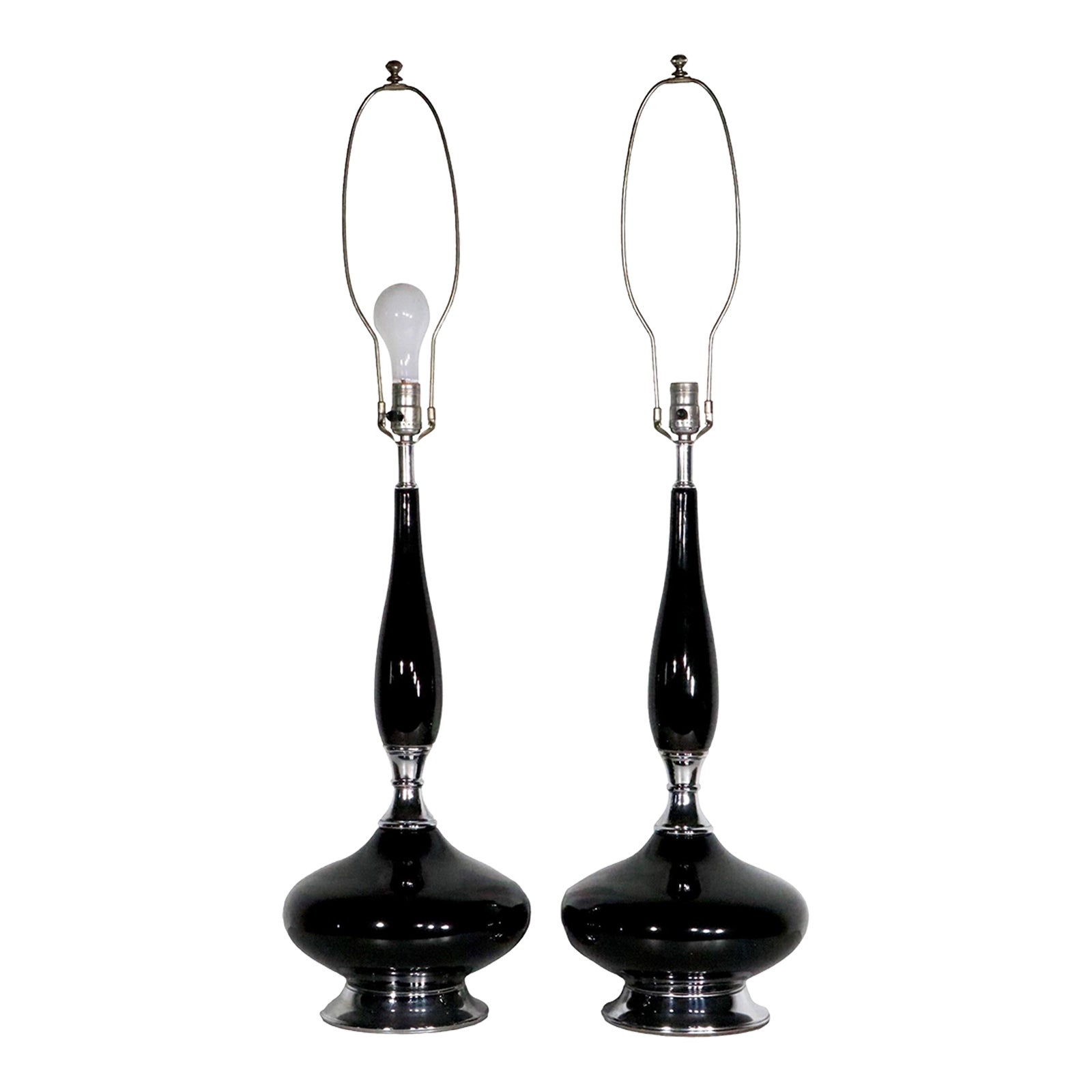 Pr. Black and Chrome Genie Style Table Lamps | Chairish