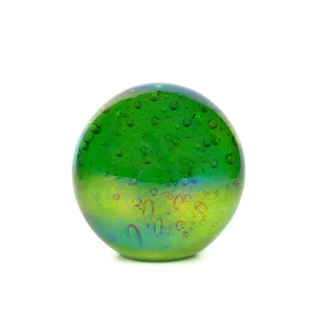 Late 20th Century Vintage Iridescent Green Orb Paperweight With Bubbles ...