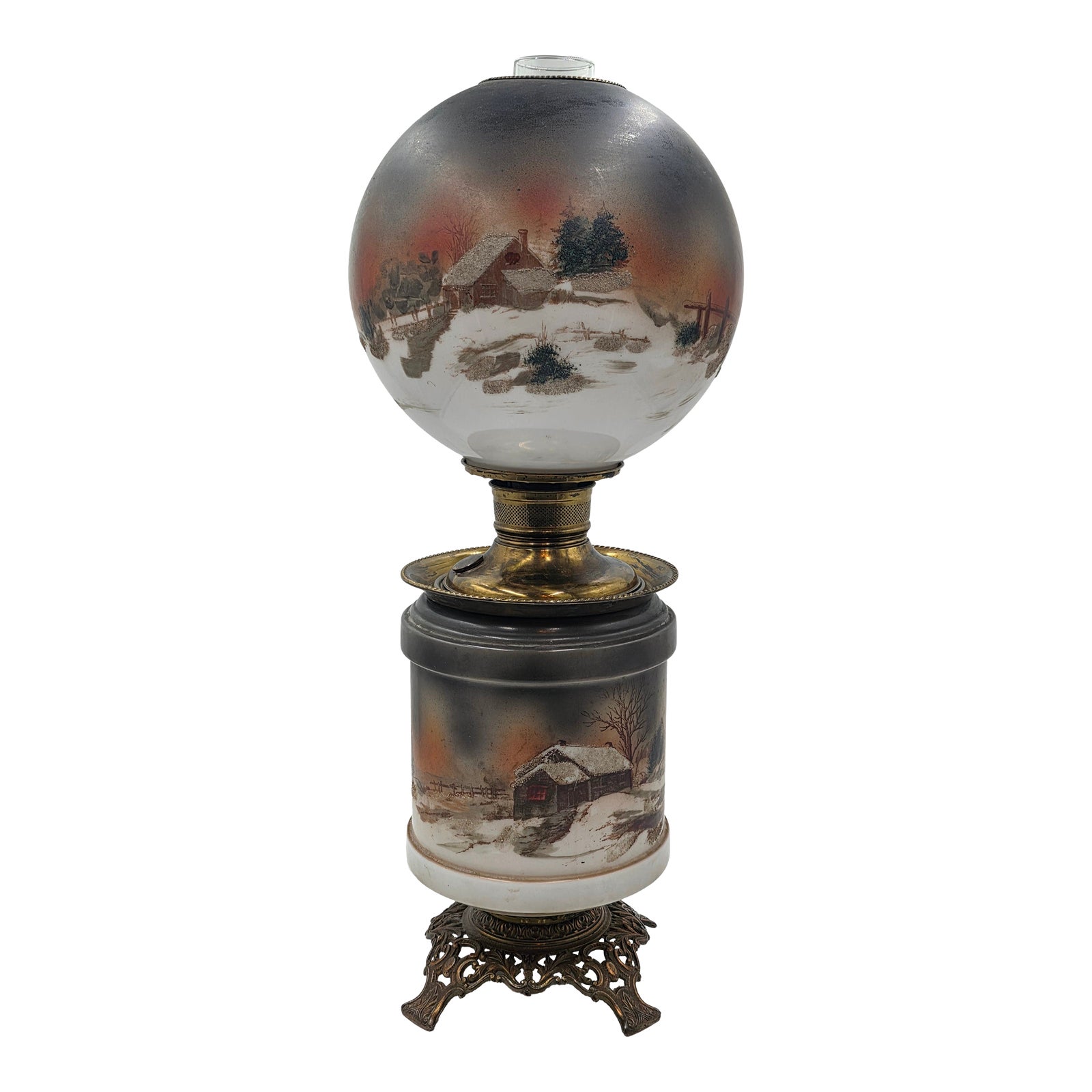 Antique Victorian 1890 Gone With the Wind Lamp Log Cabin Winter Snowy ...