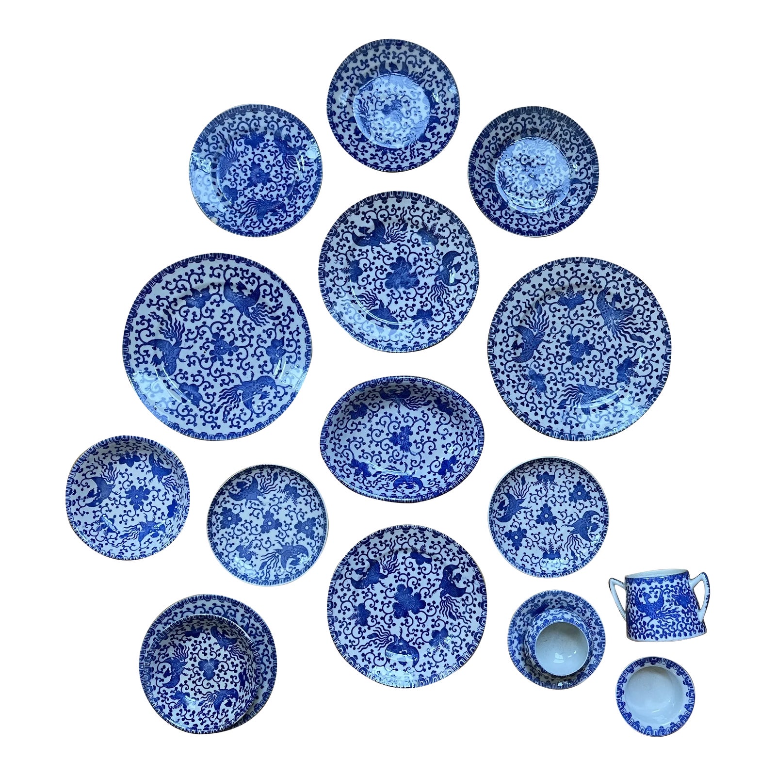 Antique Japanese Phoenix Porcelain Dinnerware - 17 Pieces | Chairish