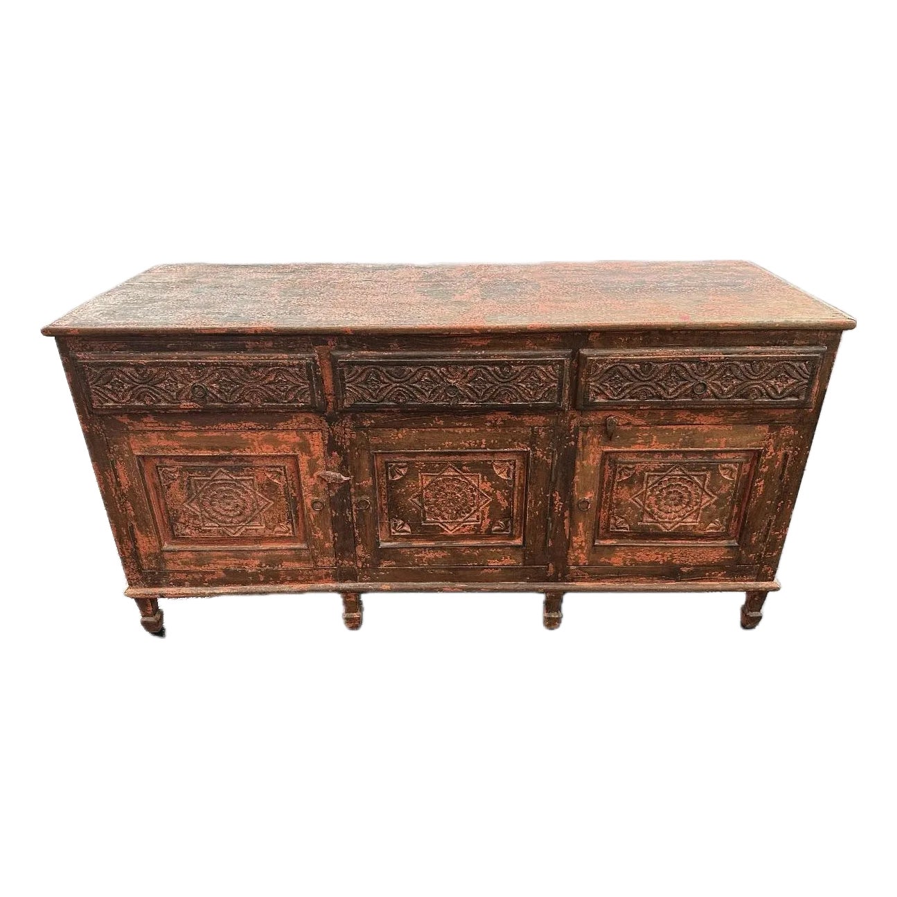 1990s Distressed Rustic Burn Orange 4 Doors Sideboard Buffet | Chairish