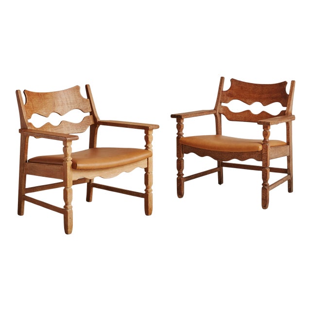 Oak + Camel Leather Razorblade Armchairs Attributed to Henning ...