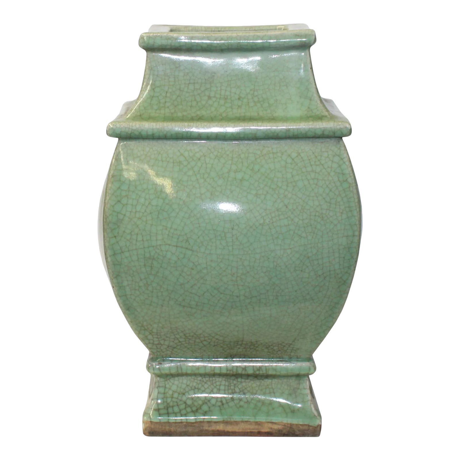 Chinese Ceramic Crackle Pattern Square Curve Body Celadon Green Vase ...