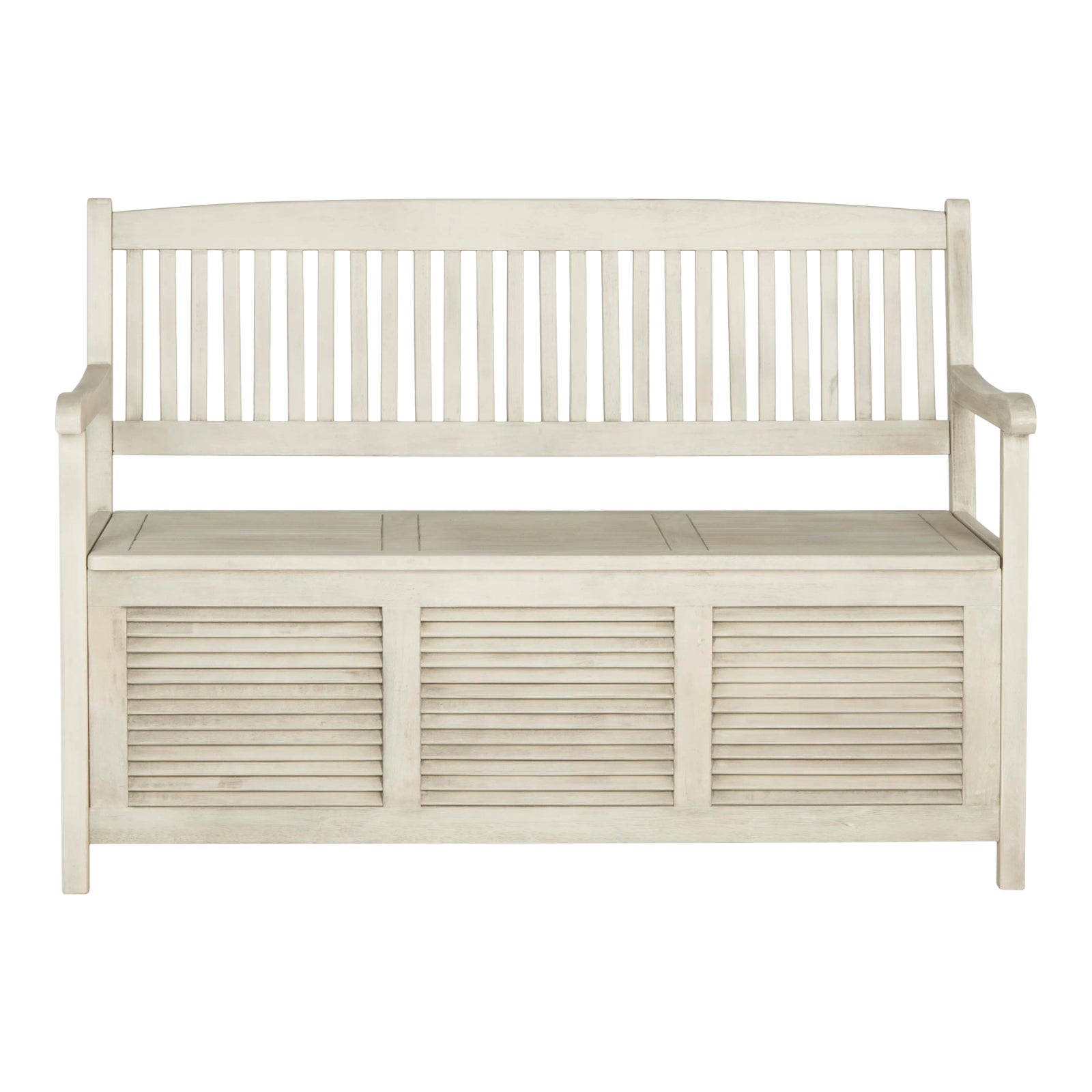 Outdoor Wood Storage Bench in Distressed White | Chairish