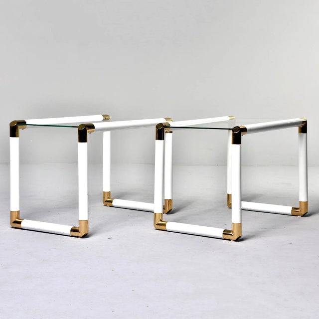 Pair Mid Century Glass Topped Tables With Brass and White Metal Tubular ...