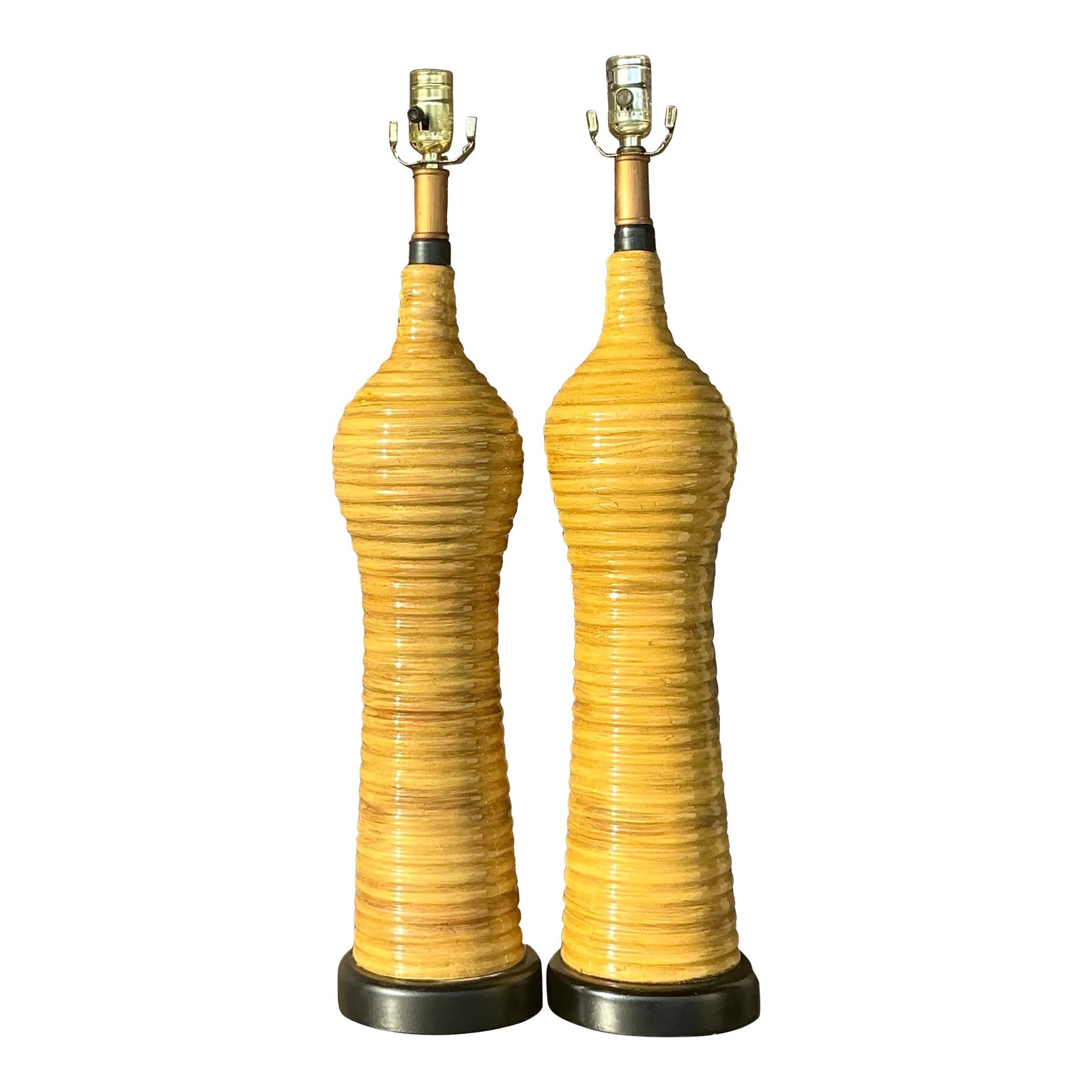 Vintage Boho Ceramic Stacked Rattan Lamps - a Pair | Chairish
