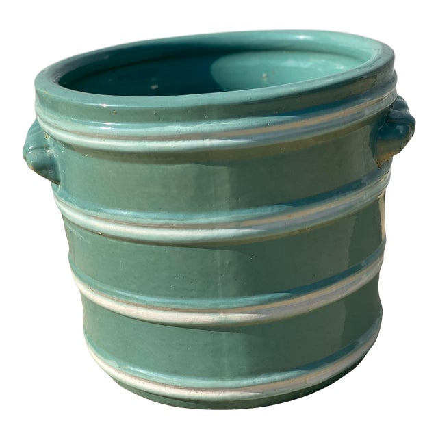 Mid Century Round Aqua Planter with Raised White Stripes | Chairish