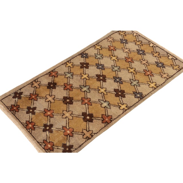 1960s Vintage Distressed Deco Rug in Beige-Brown, Gold, Blue Geometric ...