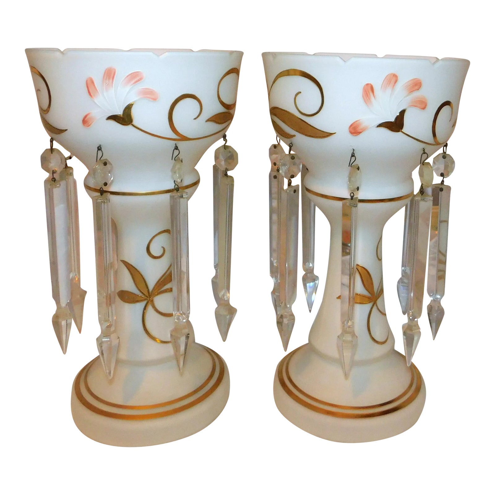 Pair of 1920s Milk Glass Candle Lustres | Chairish