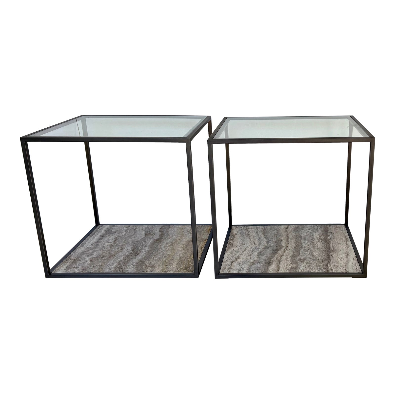 Revelation Organic Modern Gray Travertine Floating Plane End Tables Pair | Chairish
