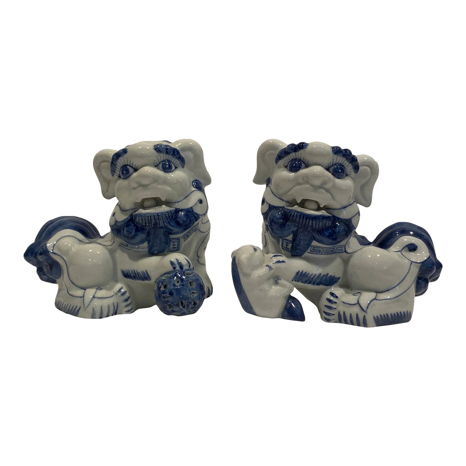 Vintage Blue & White Ceramic Foo Dogs - A Pair | Chairish