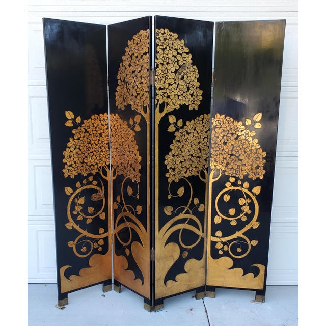 1930s Art Deco Chinese Black Lacquer and Gilt Gold Decorated Four-Panel ...