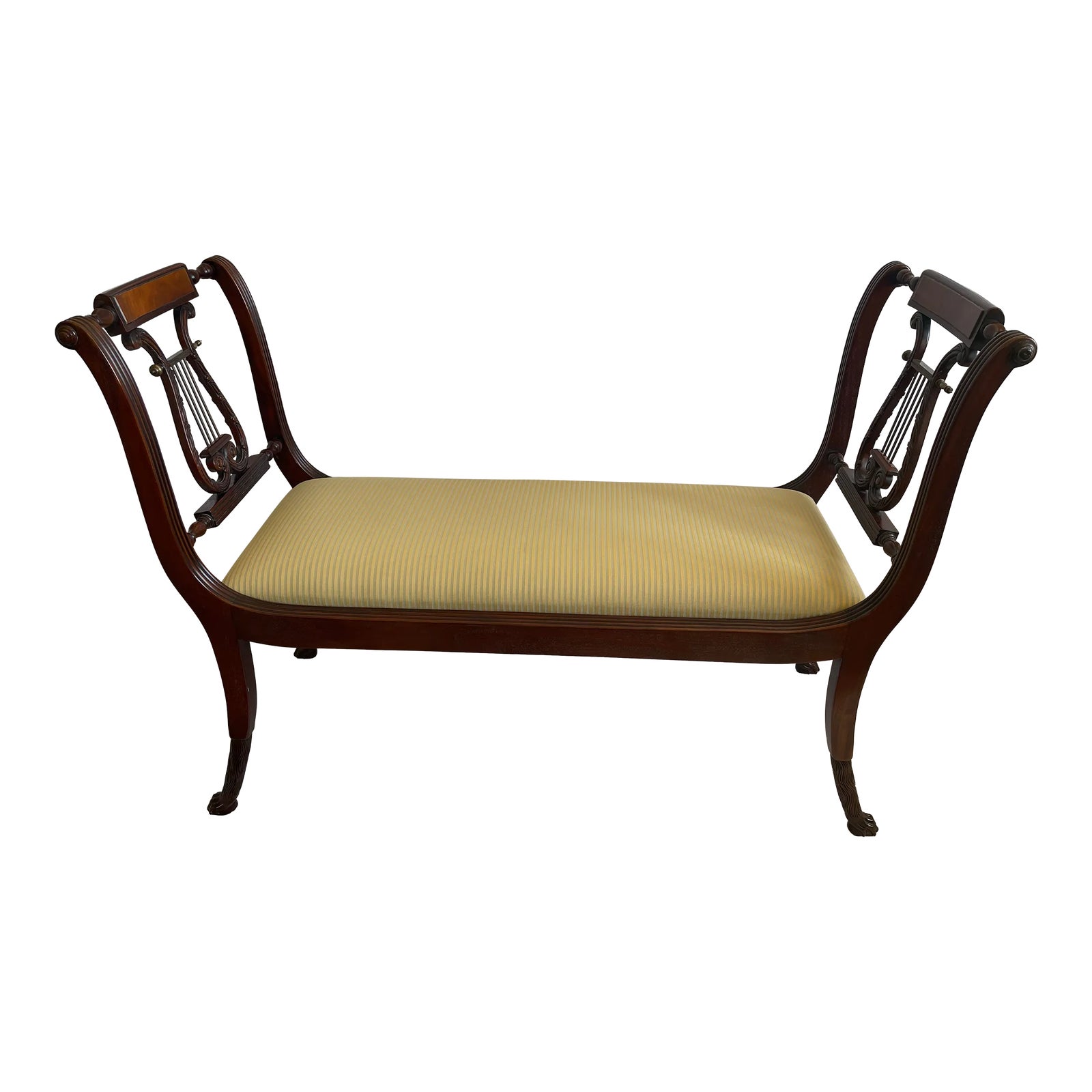 1990s Duncan Phyfe Regency Empire Style Hairy Paw Feet Brass Lyre Bench ...