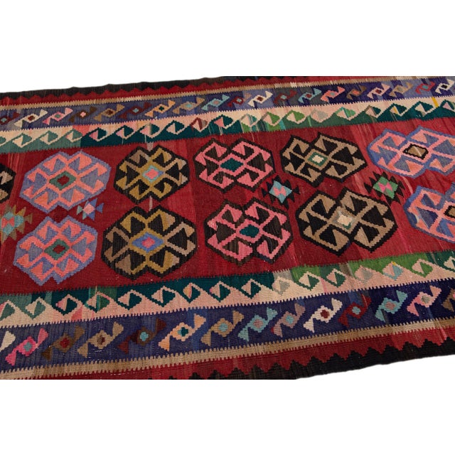 Vintage Turkish Kilim Red Handmade Tribal Wool Runner | Chairish
