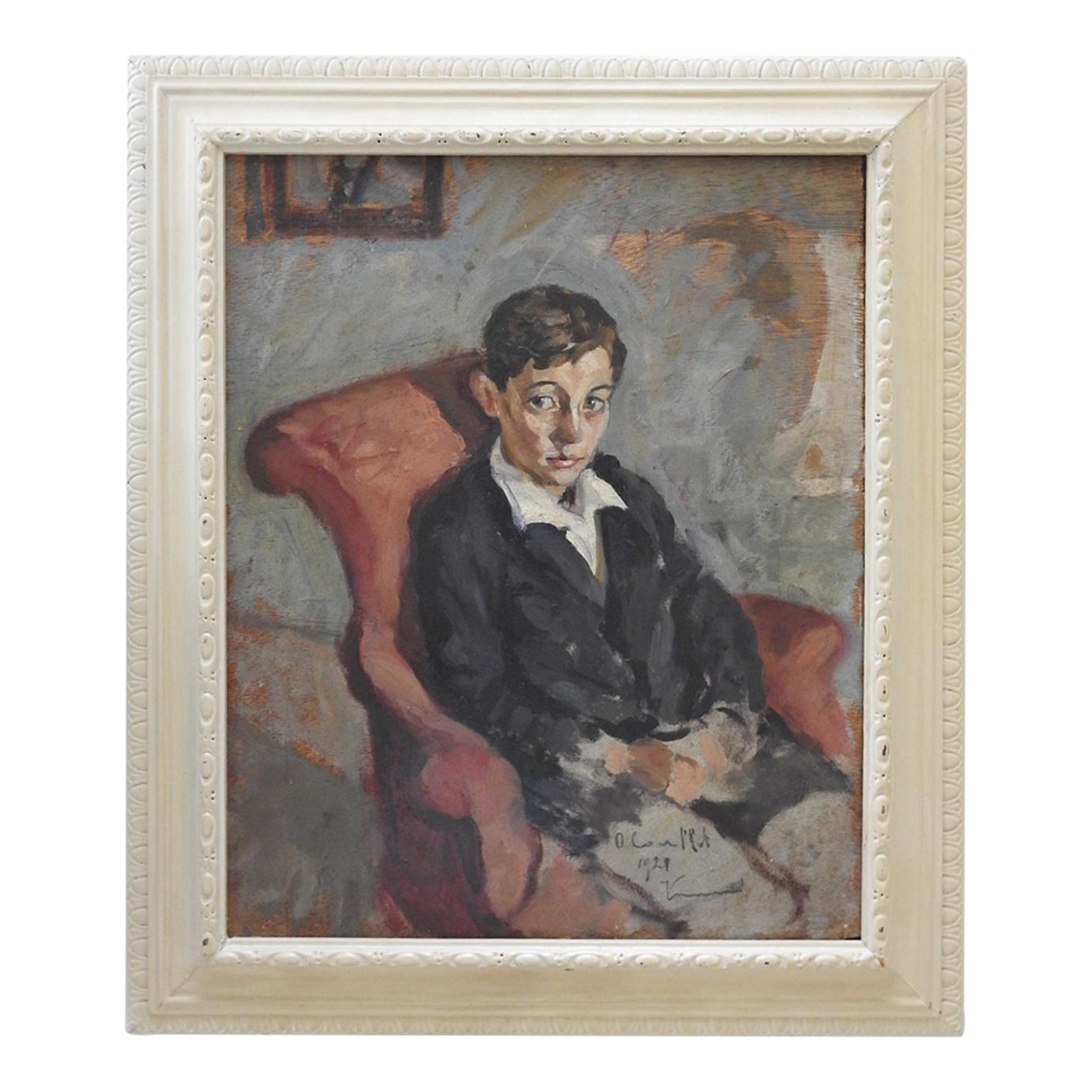 1929 Young Boy in Red Chair and Man 2 Sided Impressionist Portrait ...
