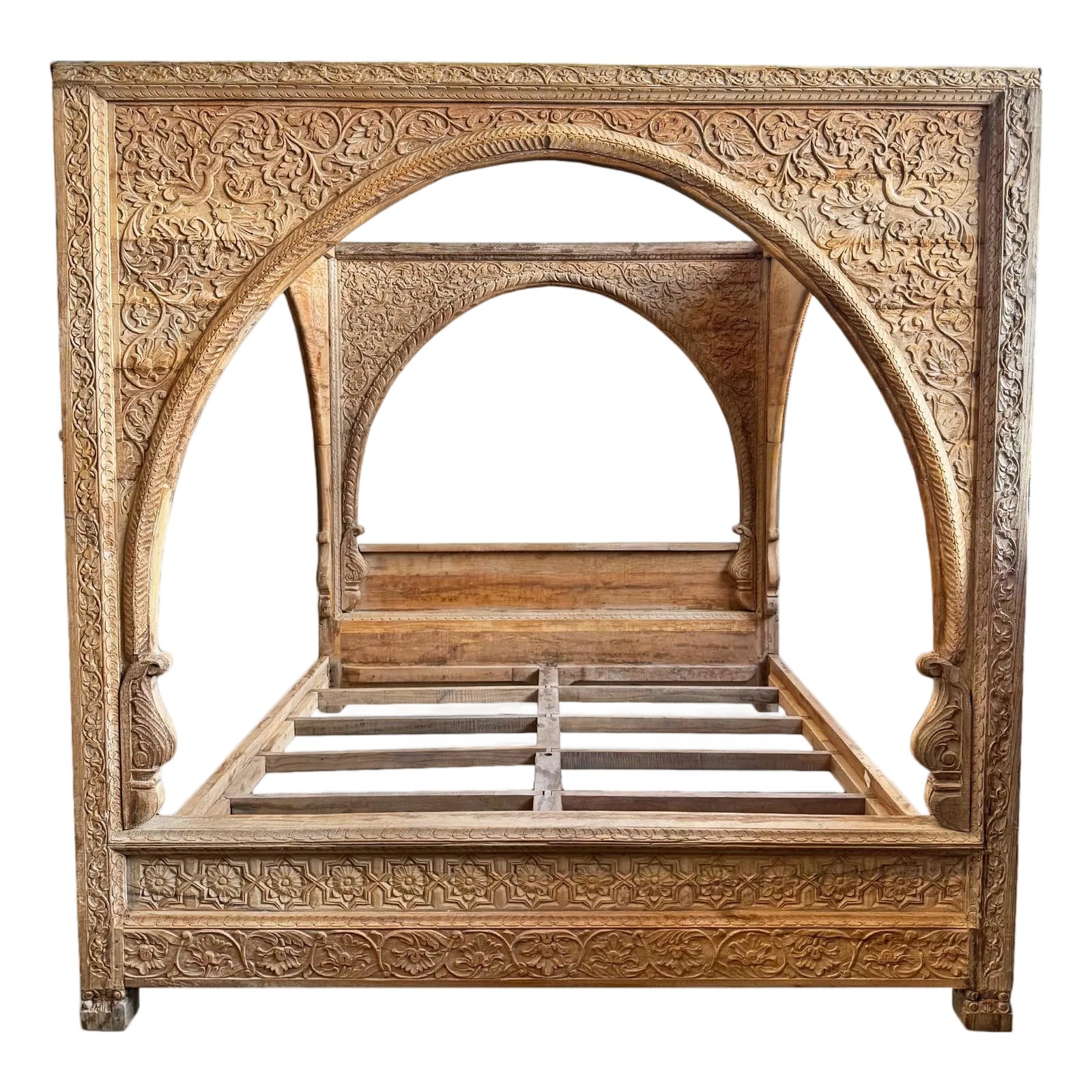 Carved Akhar Arch Wood Canopy Bed Frame | Chairish