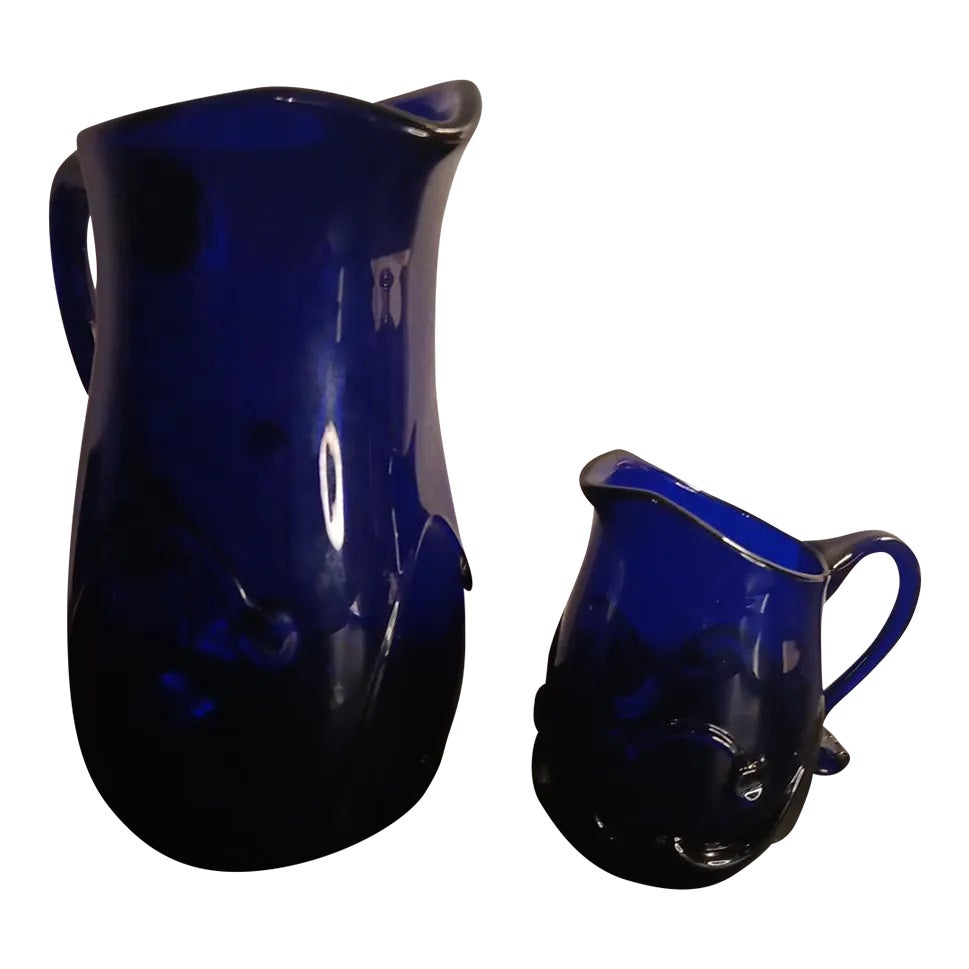 1980s Signed Mexican Blown Art Glass Pair of Cobalt Blue Pitchers- Set of 2 | Chairish