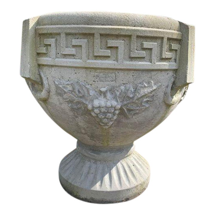 Large Vintage Stone Grape & Greek Key Planter | Chairish