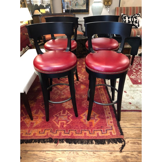Custom Ebonized Wood & Red Leather Bar Stools -Set of 4 | Chairish