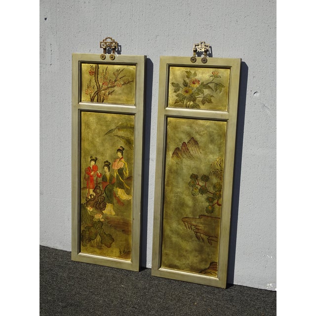 Vintage Oriental Asian Gold Two Panel Wall Screen Picture ~ Geishas ...
