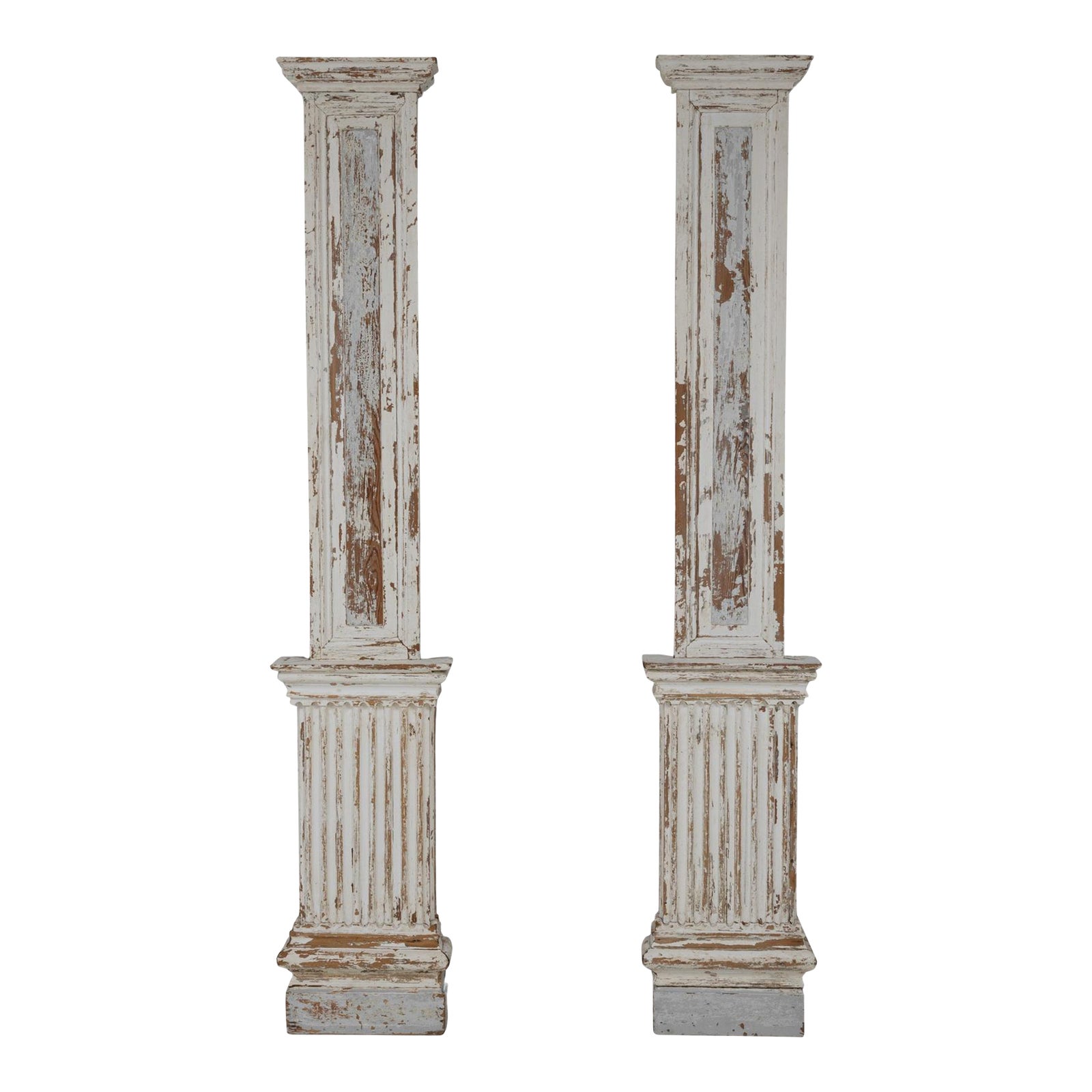 19th Century French Wood White Patinated Columns, a Pair | Chairish