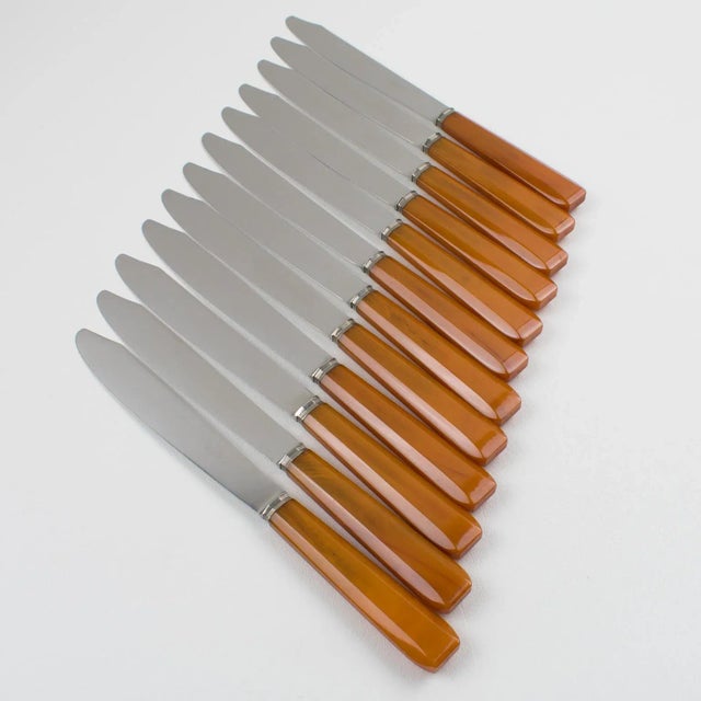 Art Deco Orange Bakelite and Stainless Steel Knives Set in Box, 24 ...