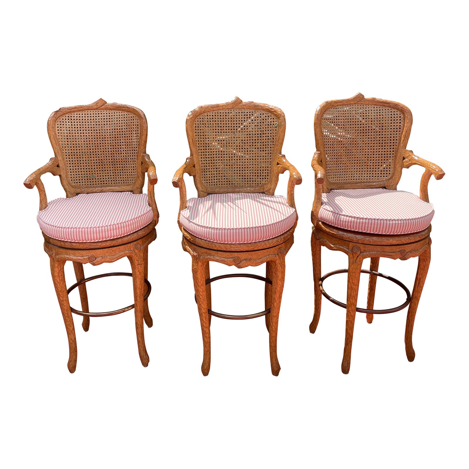 Set of 3 Faux Bois Caned Swivel Bar Stools With Cushions | Chairish