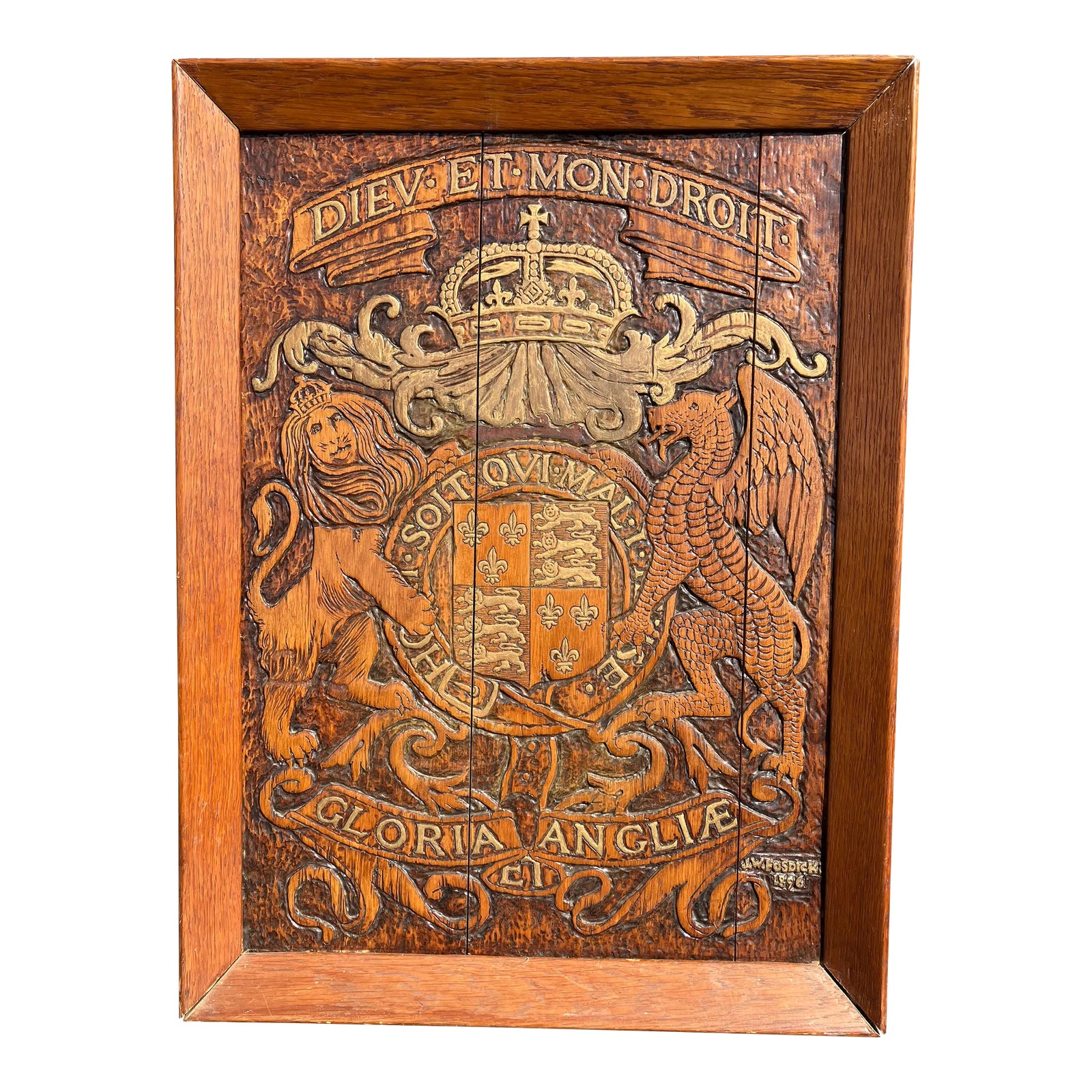 Dieu Et Mon Droit 1896 Hand Carved Coat Of Arms J William Fosdick