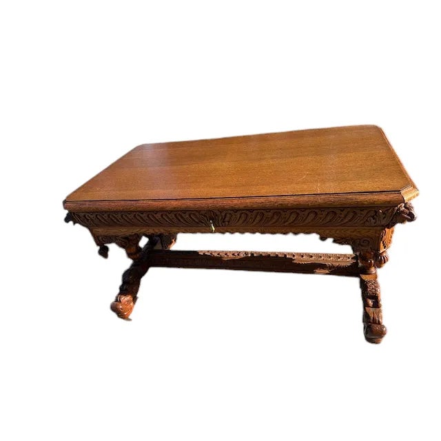 19th Century French Carved Oak Dolphin Library Table | Chairish