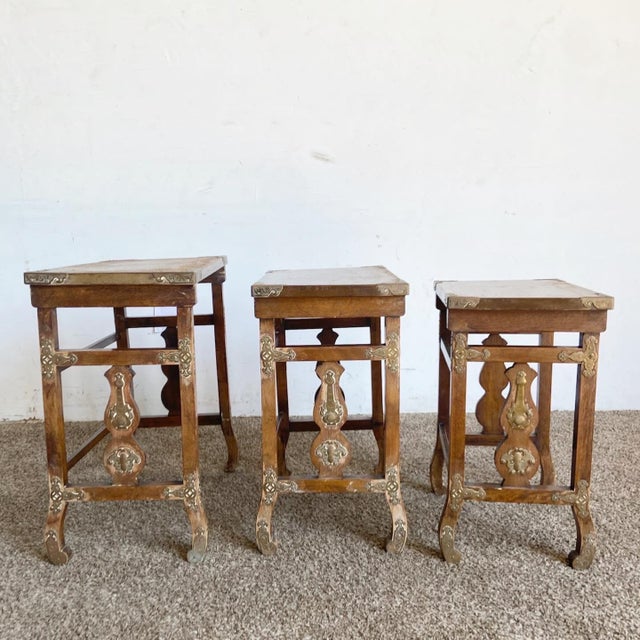 Japanese Wooden Nesting Tables With Brass Accents - Set of 3 | Chairish