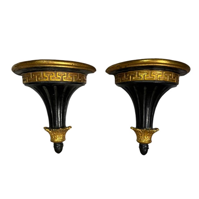 Pair of 1950s Carved Hollywood Regency Greek Key Wall Brackets | Chairish