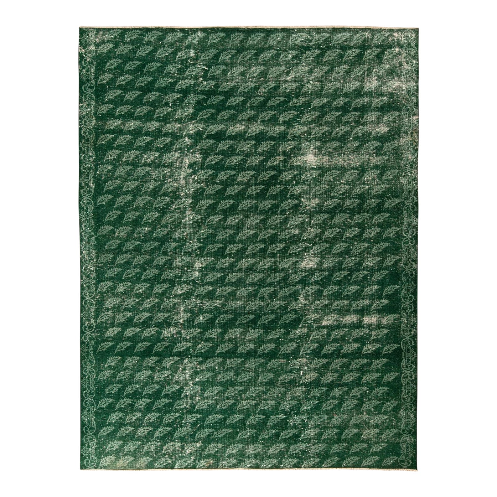 1960s Hand-Knotted Vintage Distressed Rug in Green, All Over Floral ...