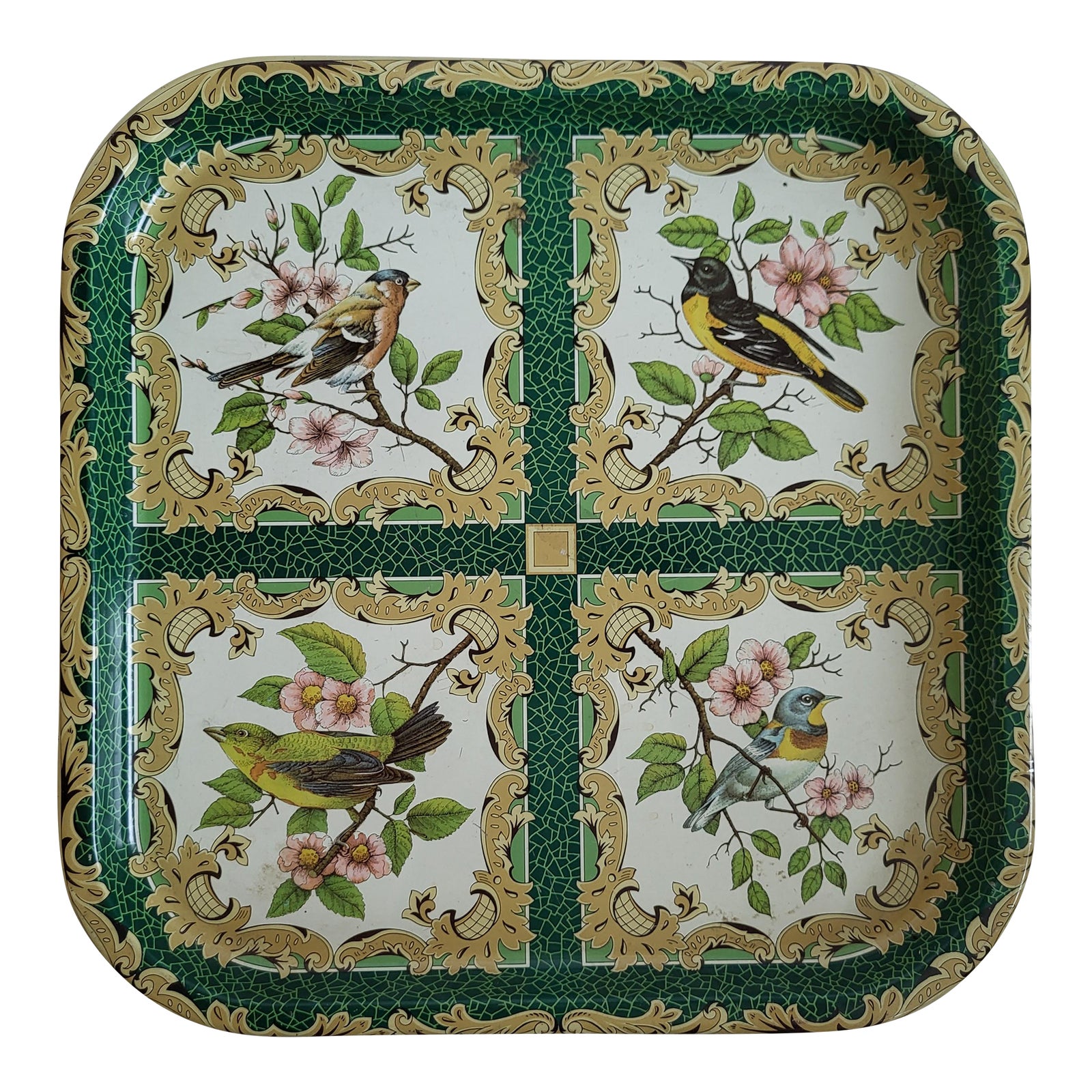 1960s Large Green & Gold Serving Tray by Daher of England, Bird ...