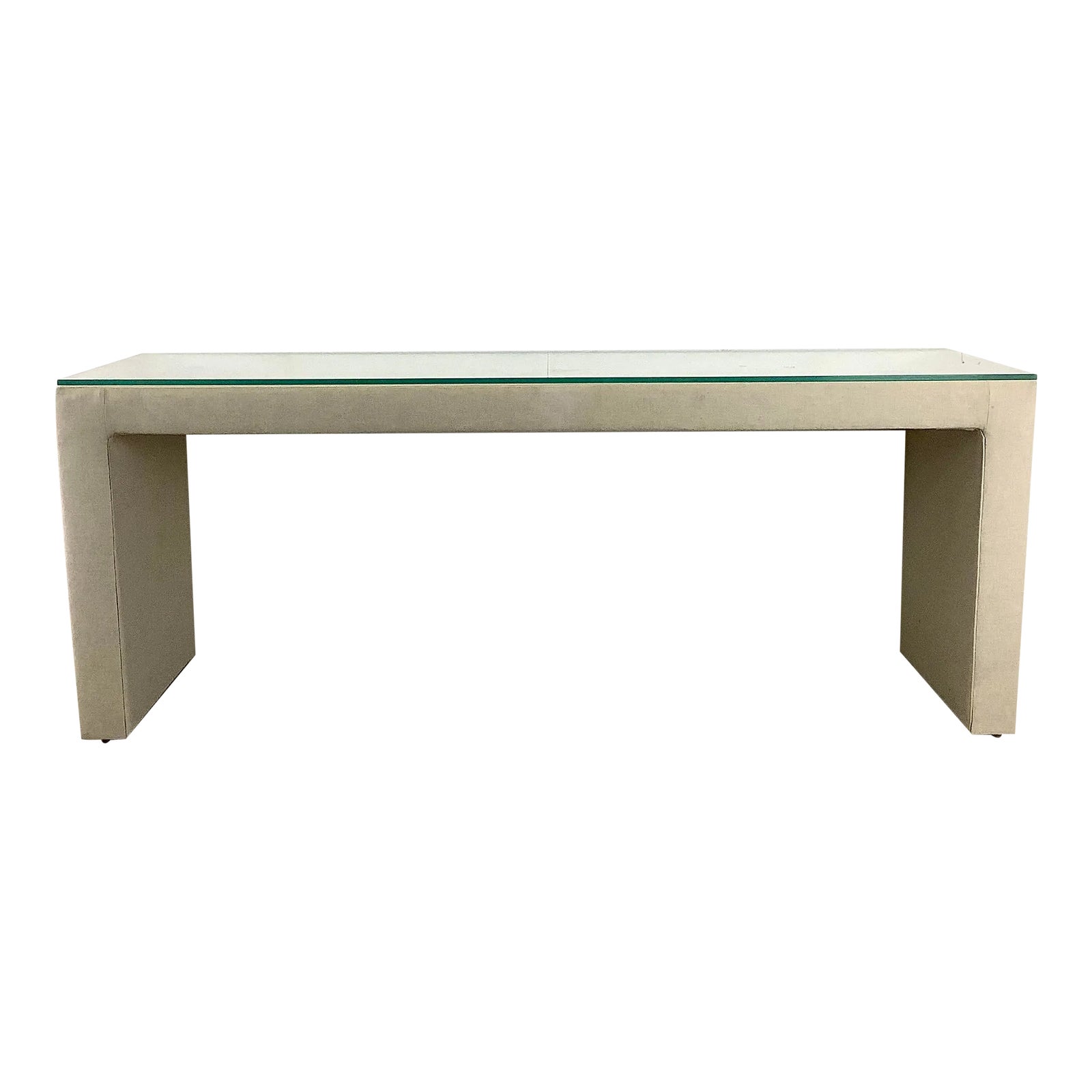 Modern Linen Console Table With Glass Top | Chairish