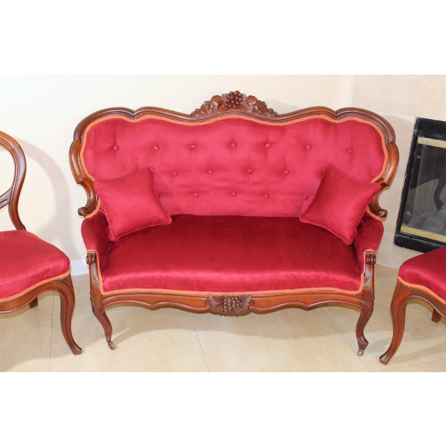 Circa 1867 Antique Burgundy Victorian Parlor Sofa Set with Hand-Carved ...