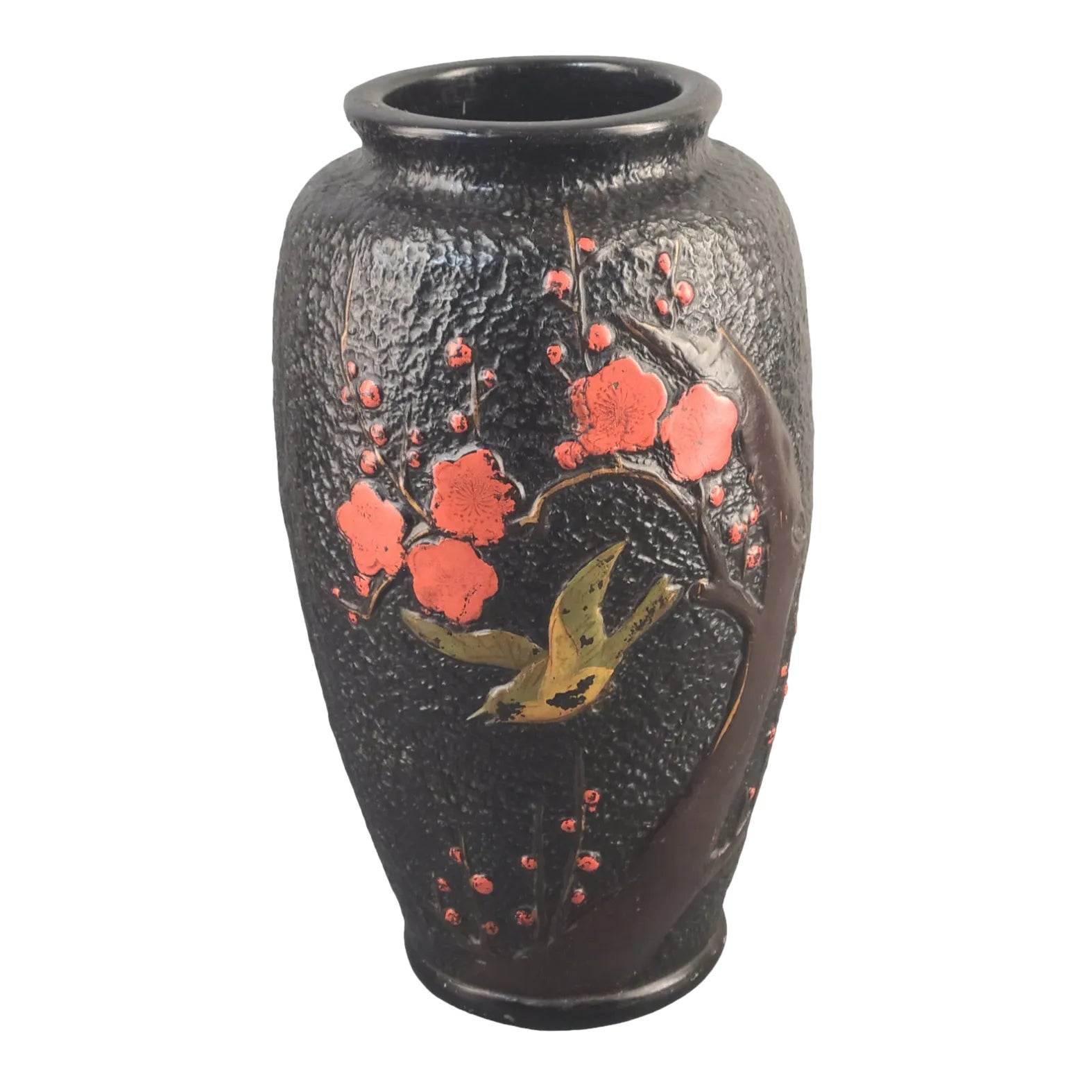 Early 20th Century Japanese Tokanabe Ware Black Red Pottery Vase Birds ...
