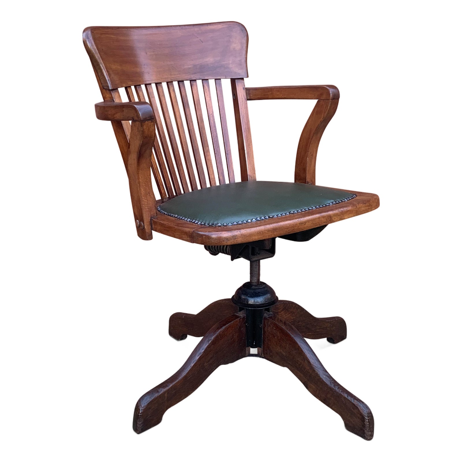 Victorian Oak Spindle-Back Revolving Desk Chair with Racing Green ...