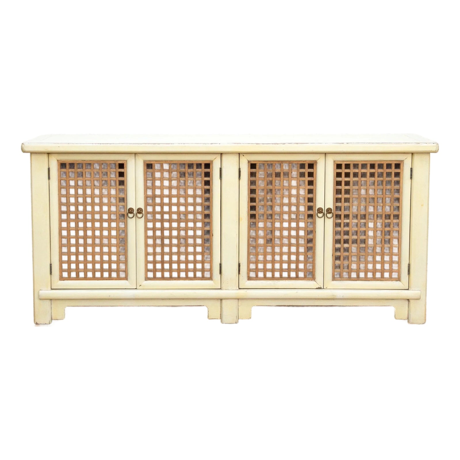 74" Long Lattice Sideboard in Cream & Wood | Chairish