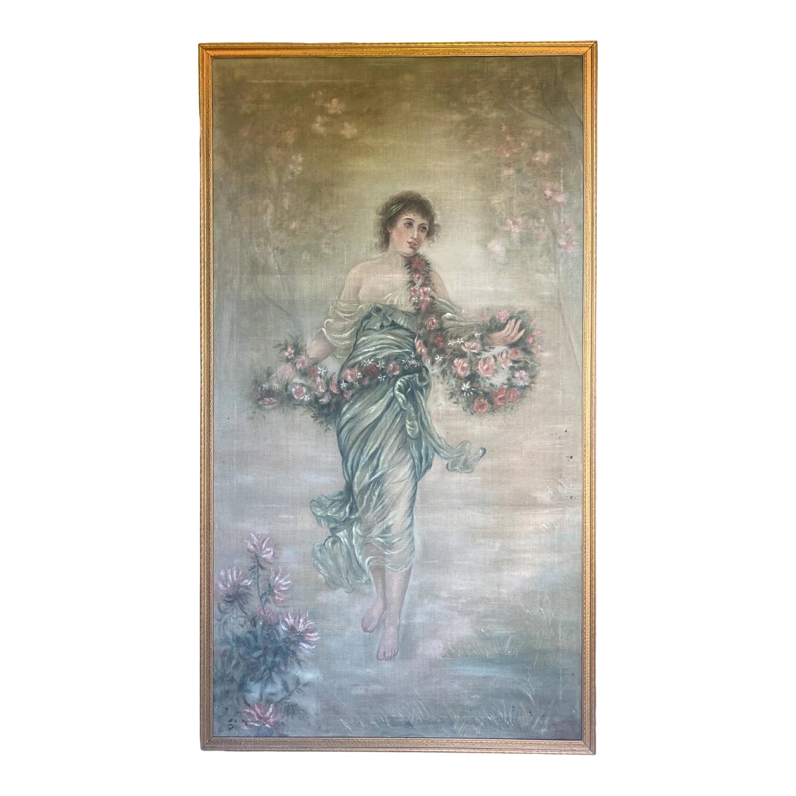 Large Wall Size Antique Hand Painted Framed Tapestry Depicting a Woman ...