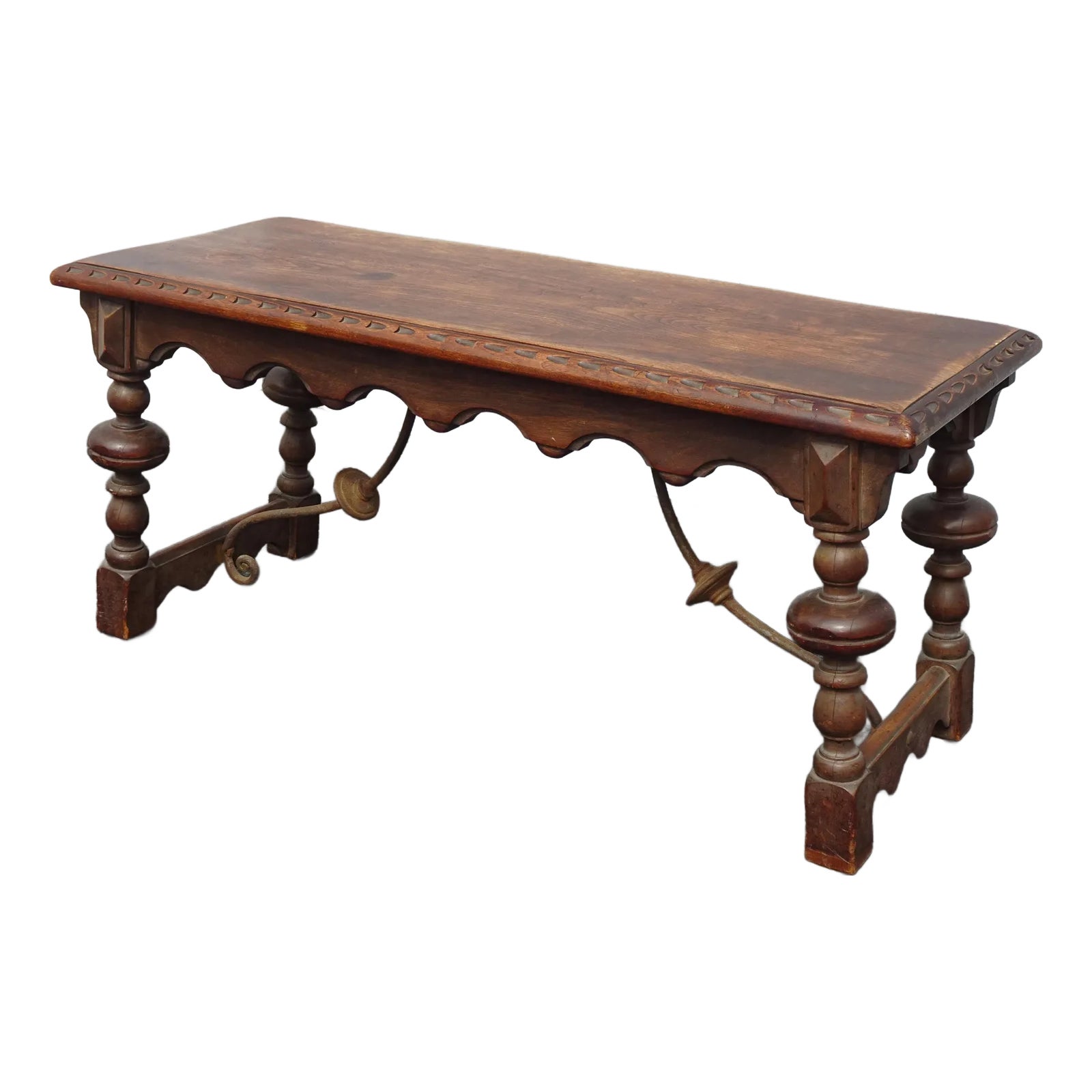 Vintage Spanish Style Bench W Iron Stretcher ~ French Country | Chairish