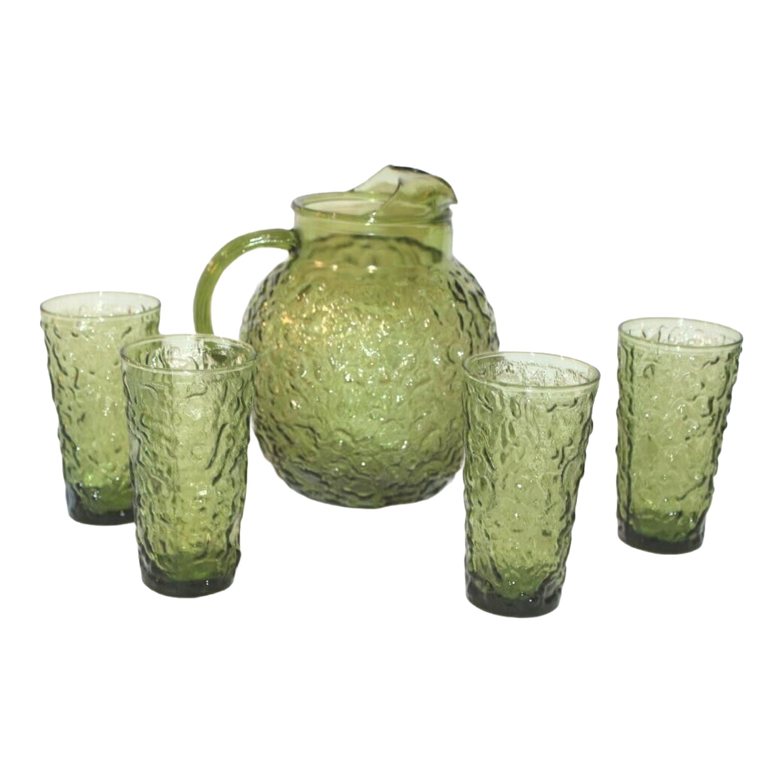Vintage Avocado Milano Glass Pitcher + Glasses Set- 5 Pieces | Chairish