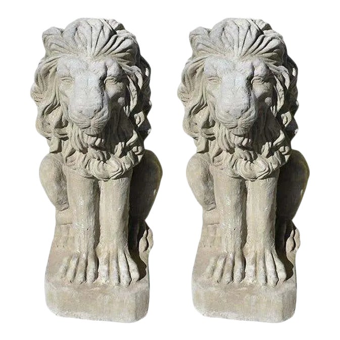 Two Tall Gray Architectural French Sitting Stone Concrete Lions, a Pair ...