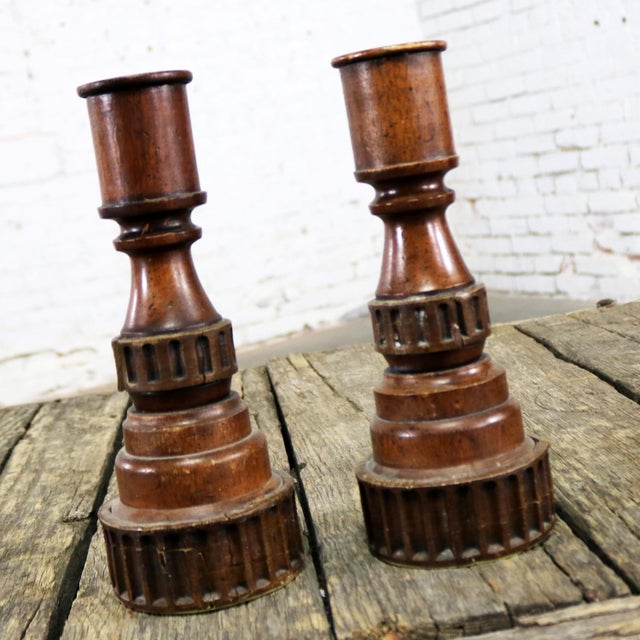 Pair Vintage Turned Wood and Composite Candle Holders | Chairish