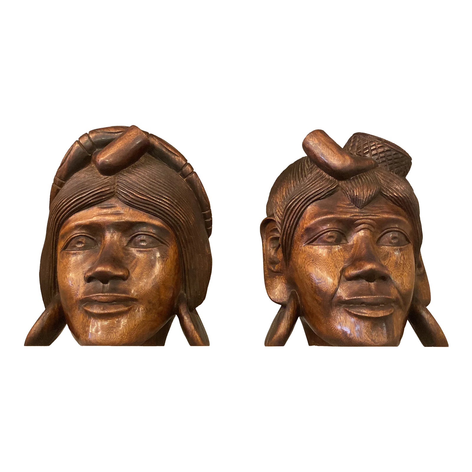 Vintage Carved Large Wooden Islander Heads Bookends - a Pair | Chairish