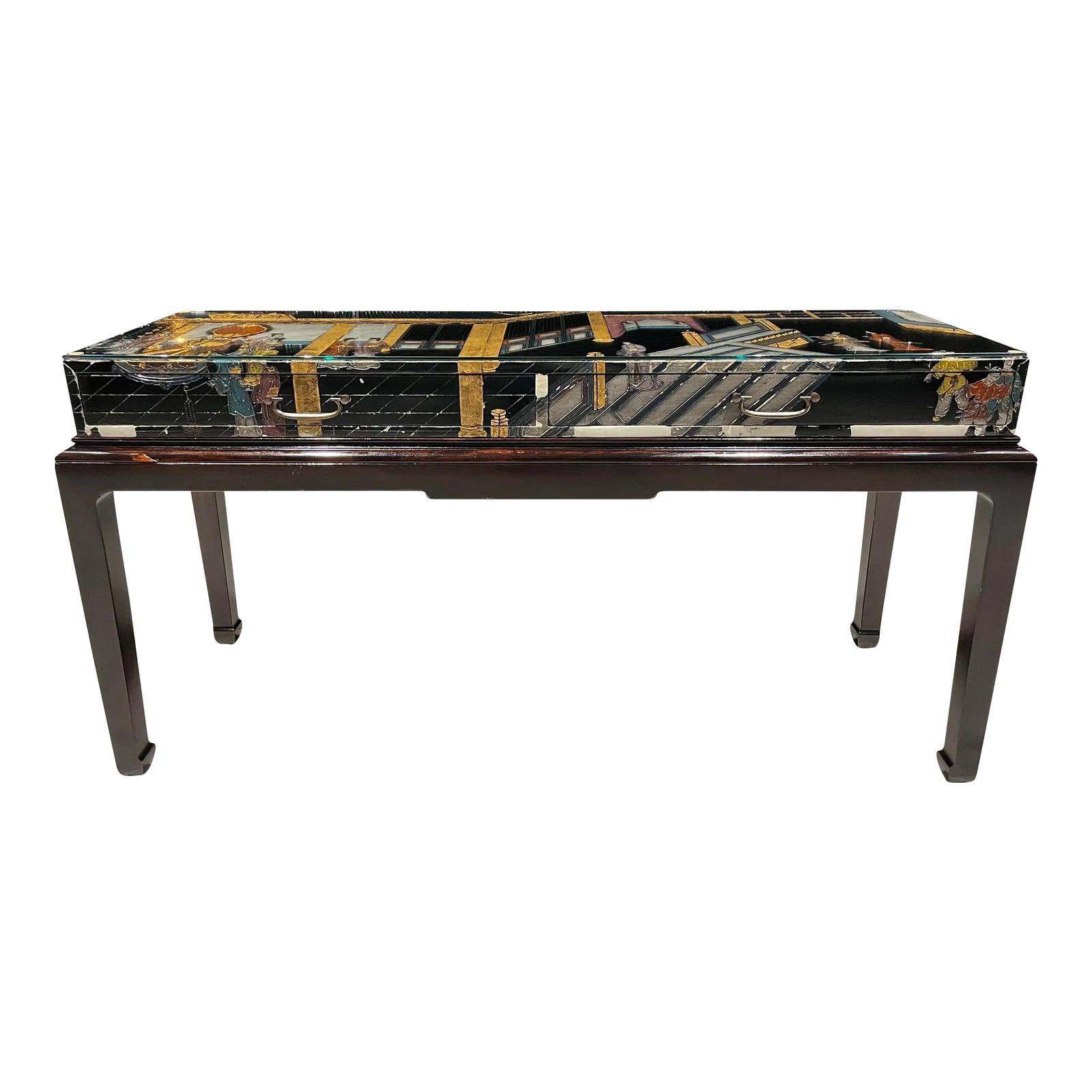 Chinese Export 2 Drawer Lacquered Console | Chairish