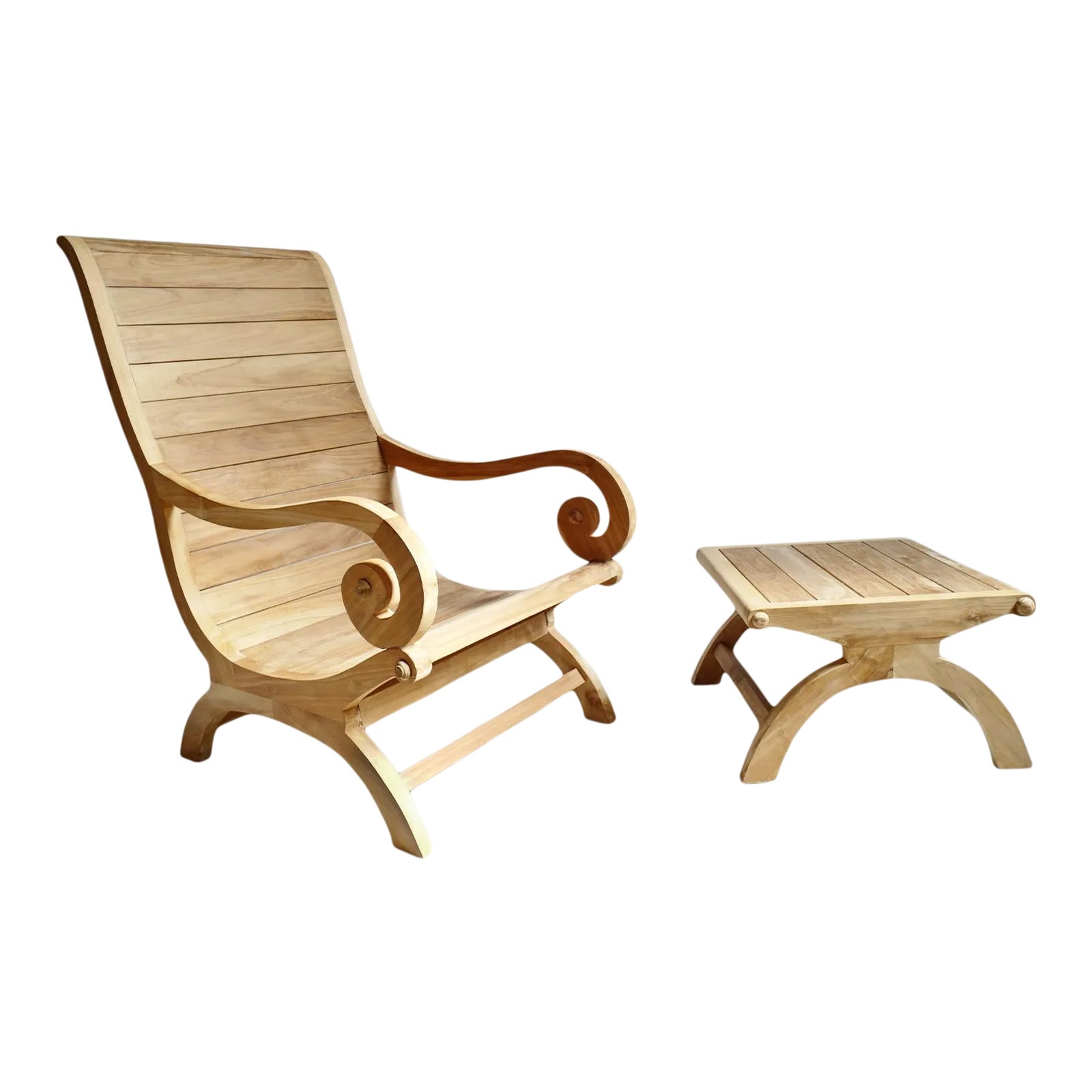 Outdoor Teak Scroll Arm Chair & Ottoman | Chairish