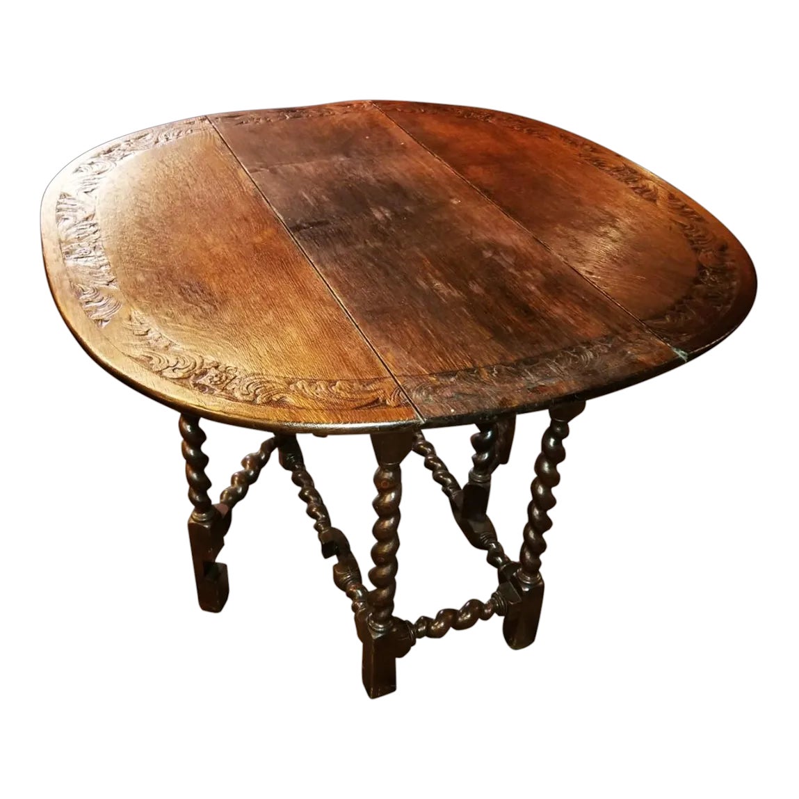 1930s Round Carved Gateleg Table With Barley Twist Legs | Chairish
