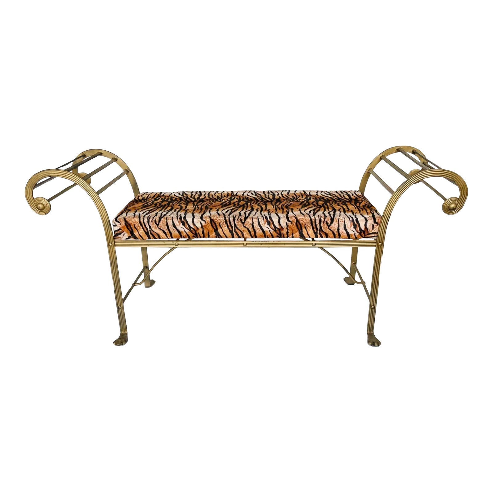 Florentine Style Metal Bench With Claw Feet & Tiger Upholstery | Chairish