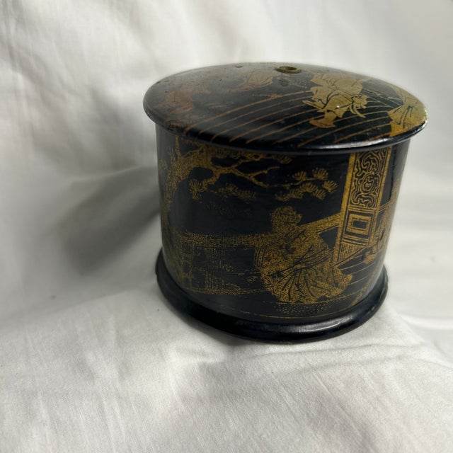 Vintage Asian Round Black Enamel Box With Gold Detail | Chairish
