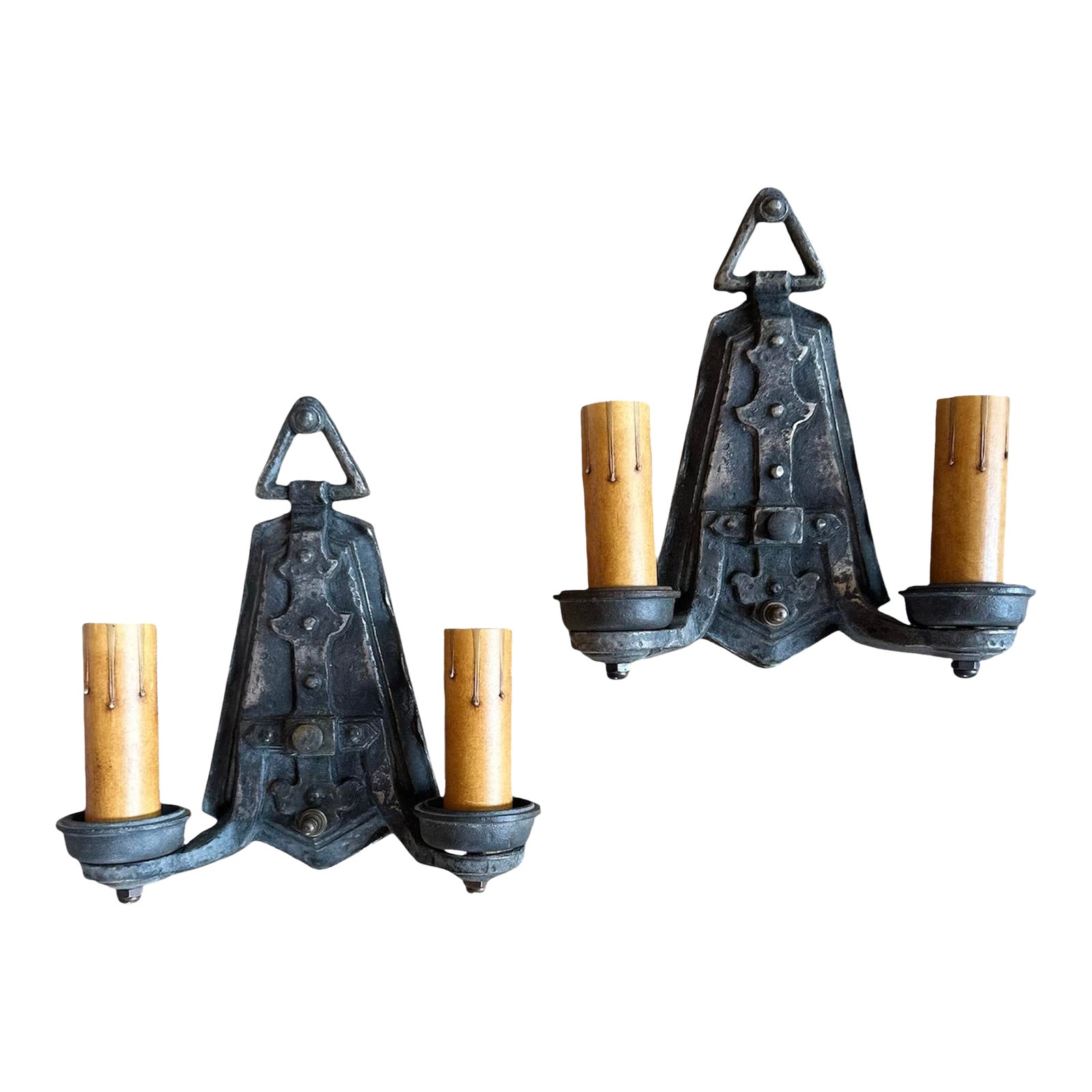 Vintage Hammered Pewter Double Sconces Circa 1920’s | Chairish
